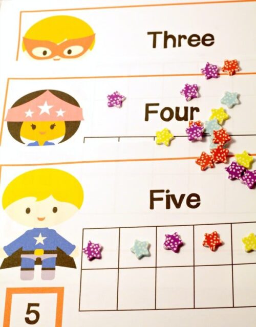Printable Mini Eraser Super Hero 10 Frame Worksheets for Early Learners